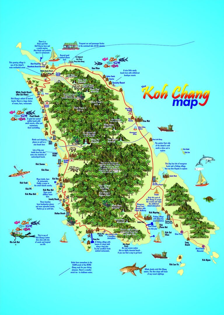 Karte von Koh Chang mit Stränden Dörfern und Highlights
